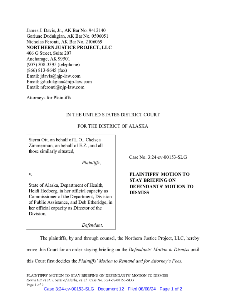 Fillable Online Order Granting Plaintiffs’ Motion to Stay Briefing on Defendants’ Motion to ...