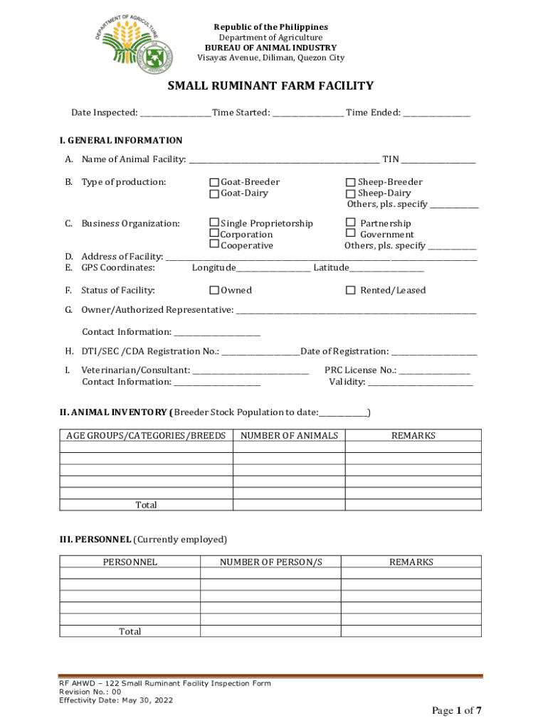 Fillable Online Small Ruminant Farm Facility Inspection Form Fax Email ...