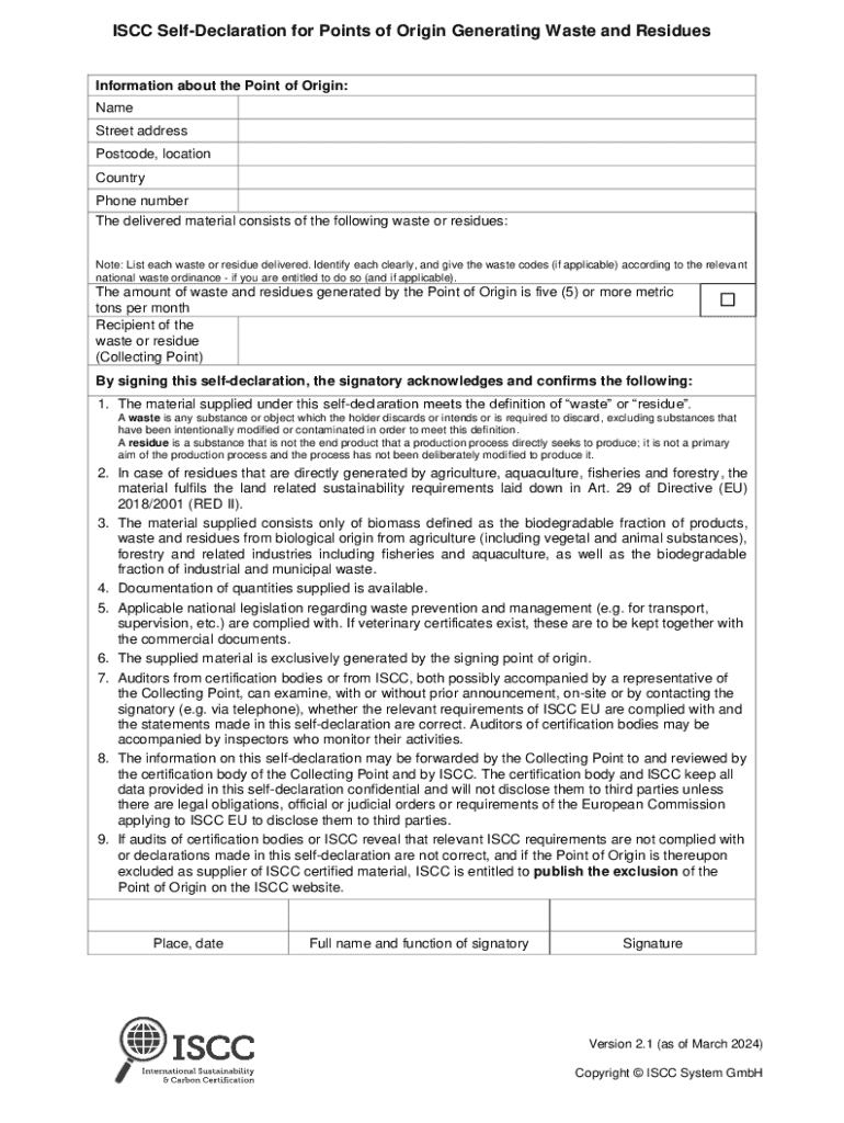 Fillable Online Iscc Selbstdeklaration Für Herkunftspunkte, Die Abfälle Und Rückstände Erzeugen ...