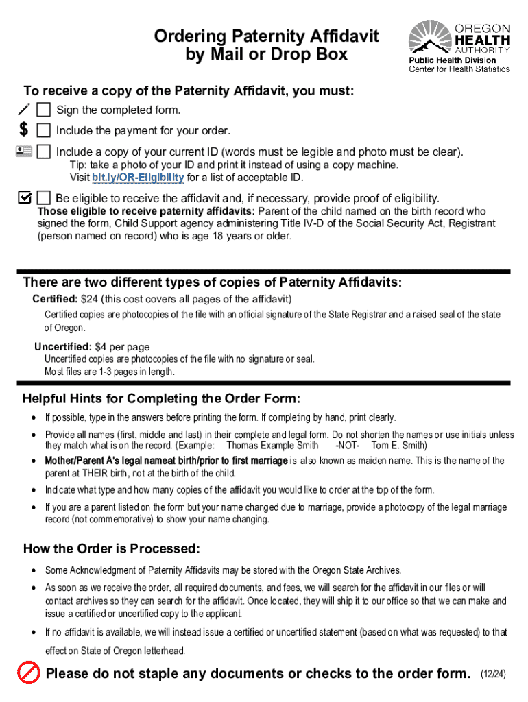 Fillable Online Ordering Paternity Affidavit by Mail or Drop Box Fax ...