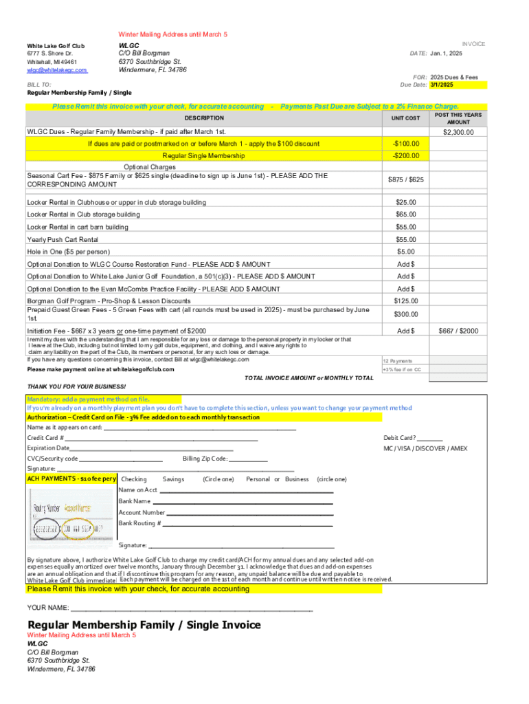 Fillable Online 2025 WLGC Dues Invoice Regular Family Member with ...