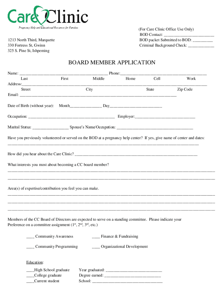Fillable Online Board Member Application for Care Clinic Fax Email ...