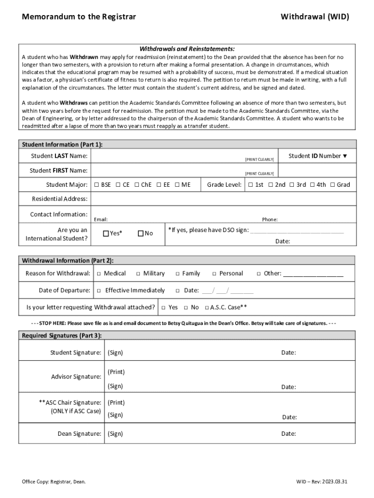 Fillable Online Memorandum to the Registrar on Withdrawal (wid) Fax Email Print - pdfFiller