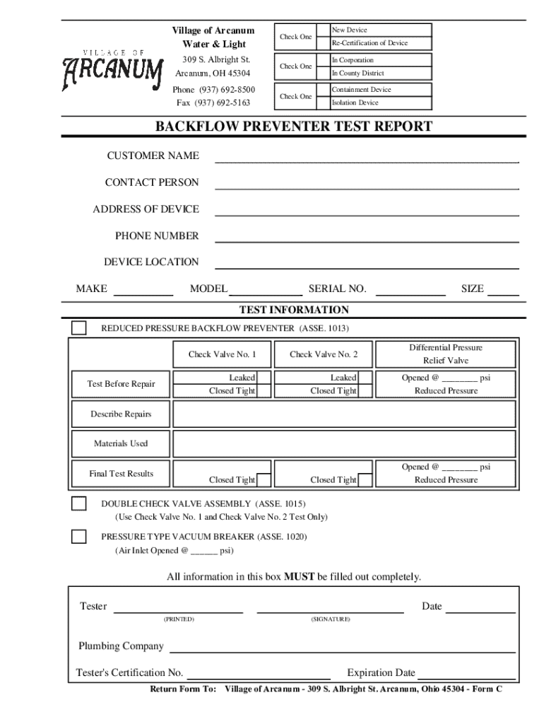Fillable Online Backflow Preventer Test Report Fax Email Print - pdfFiller
