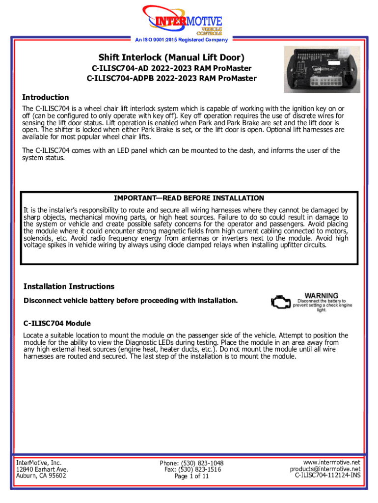 Fillable Online Shift Interlock (Manual Lift Door) - C-ILISC704-AD ...