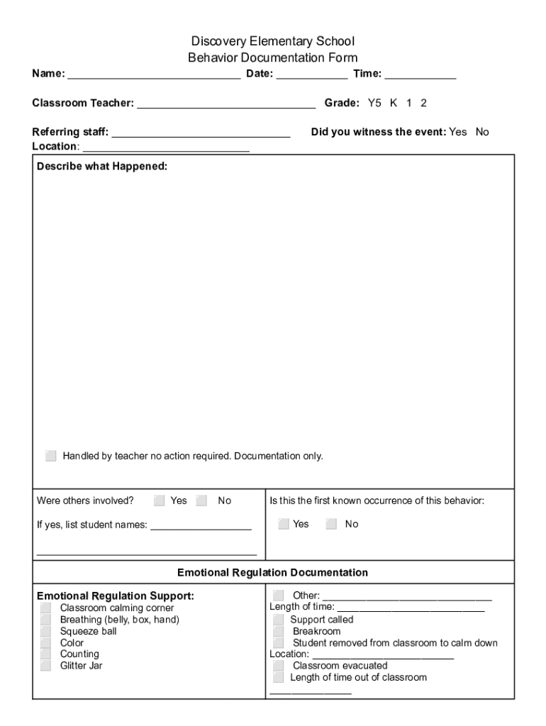 Fillable Online Discovery Elementary School Behavior Documentation Form ...