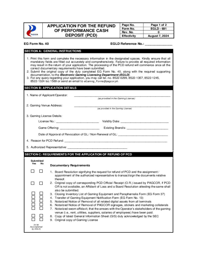 Fillable Online Application for the Refund of Performance Cash Deposit ...