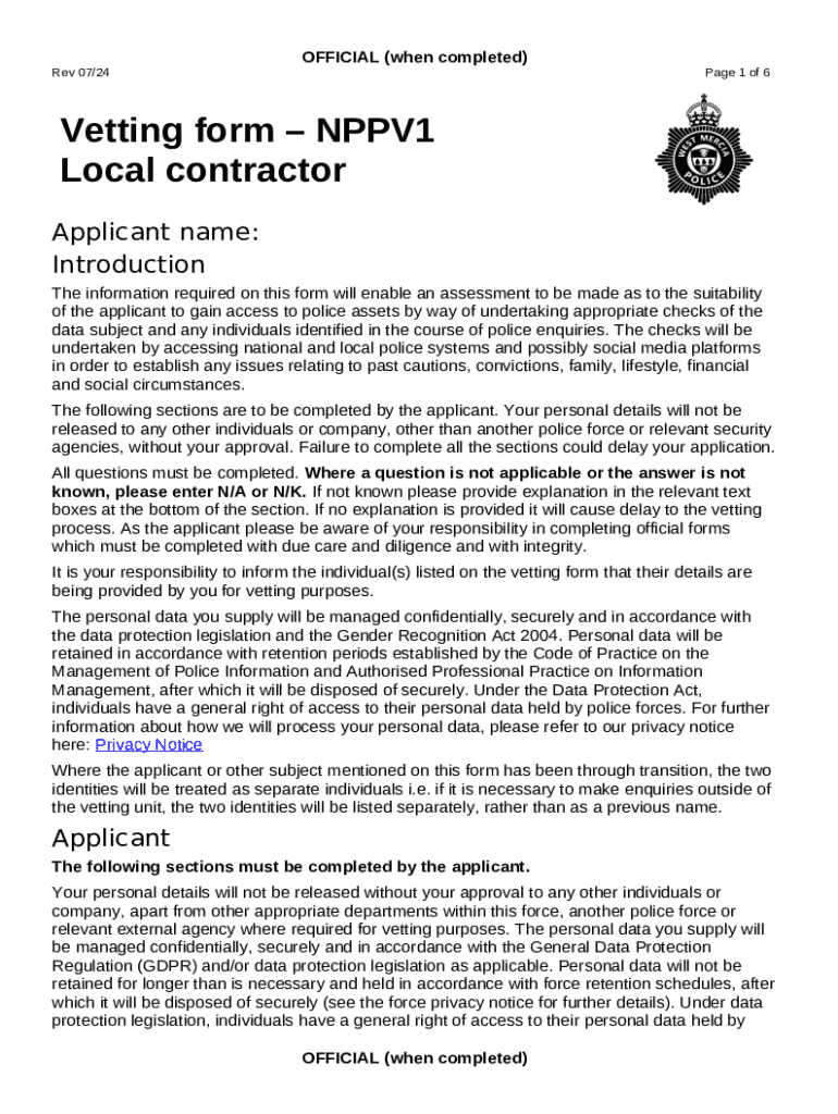 Application - (NPPV(1)) for Non-Police Personnel Vetting Doc Template | pdfFiller