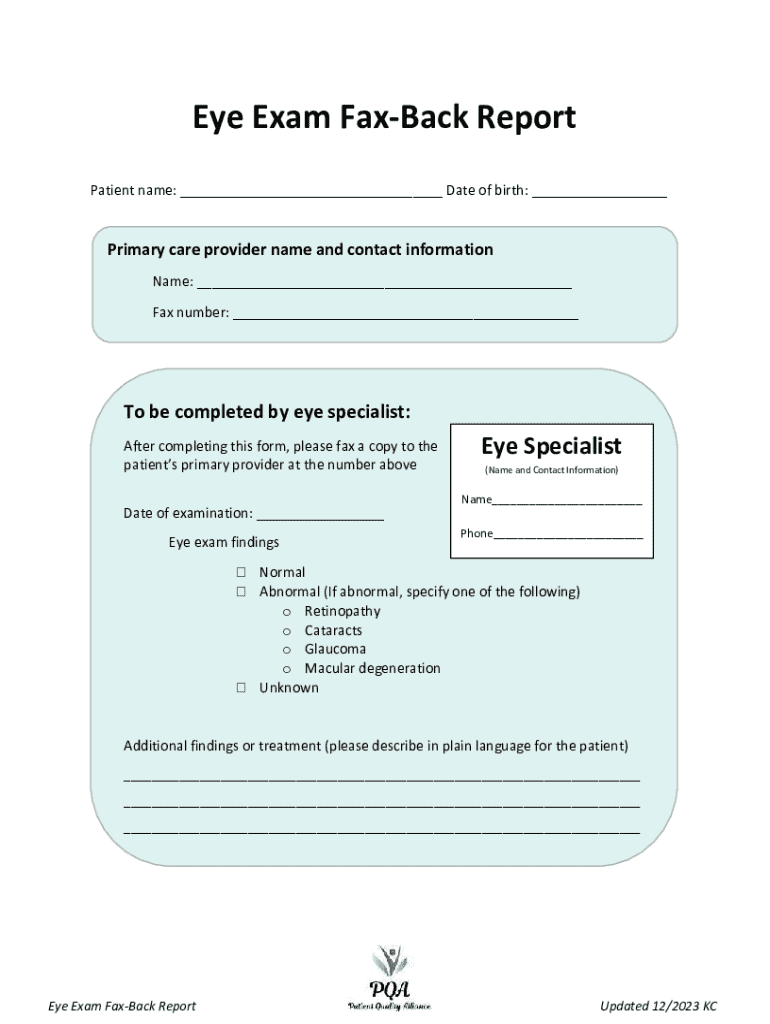 Fillable Online Eye Exam Fax-back Report Fax Email Print - pdfFiller