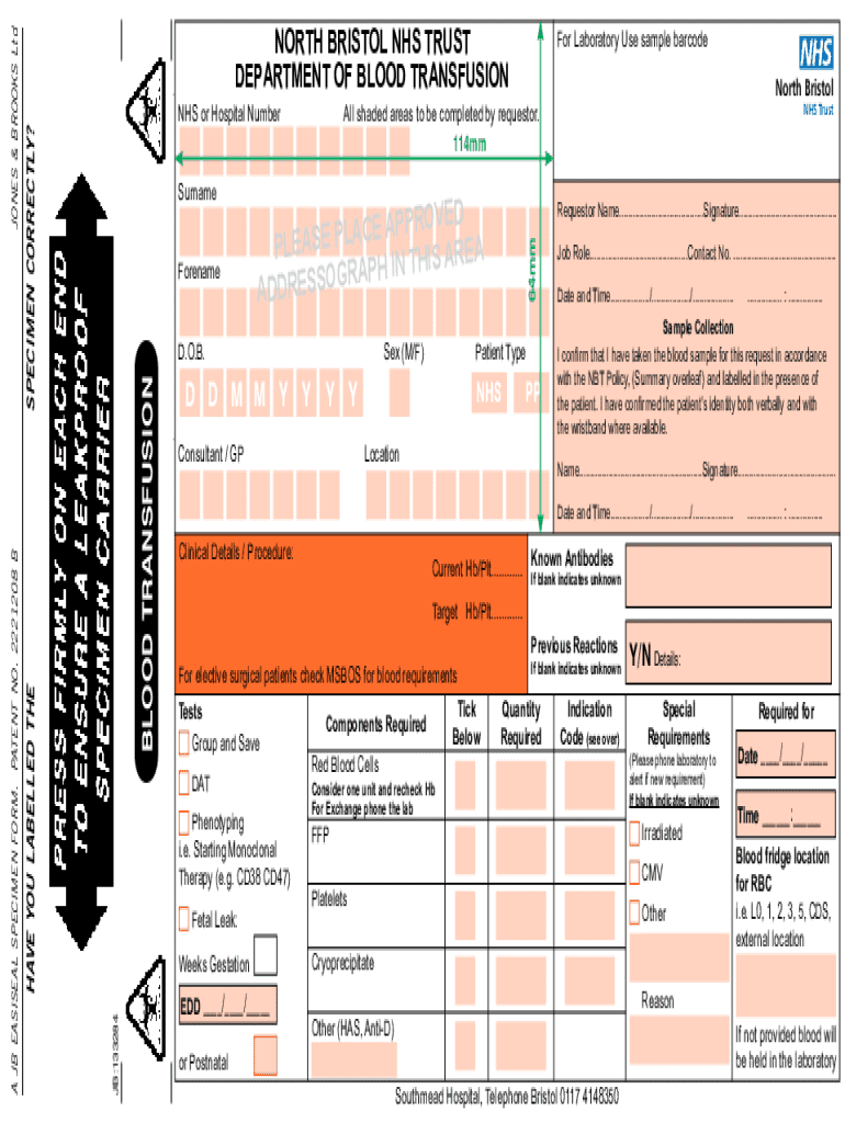Fillable Online North Bristol Nhs Trust Blood Transfusion Request Fax ...
