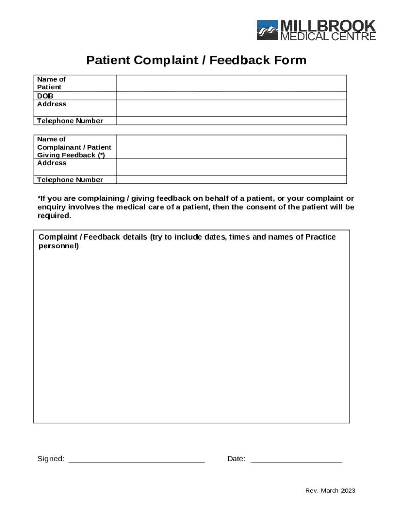 Patient Complaint / Feedback Doc Template | pdfFiller