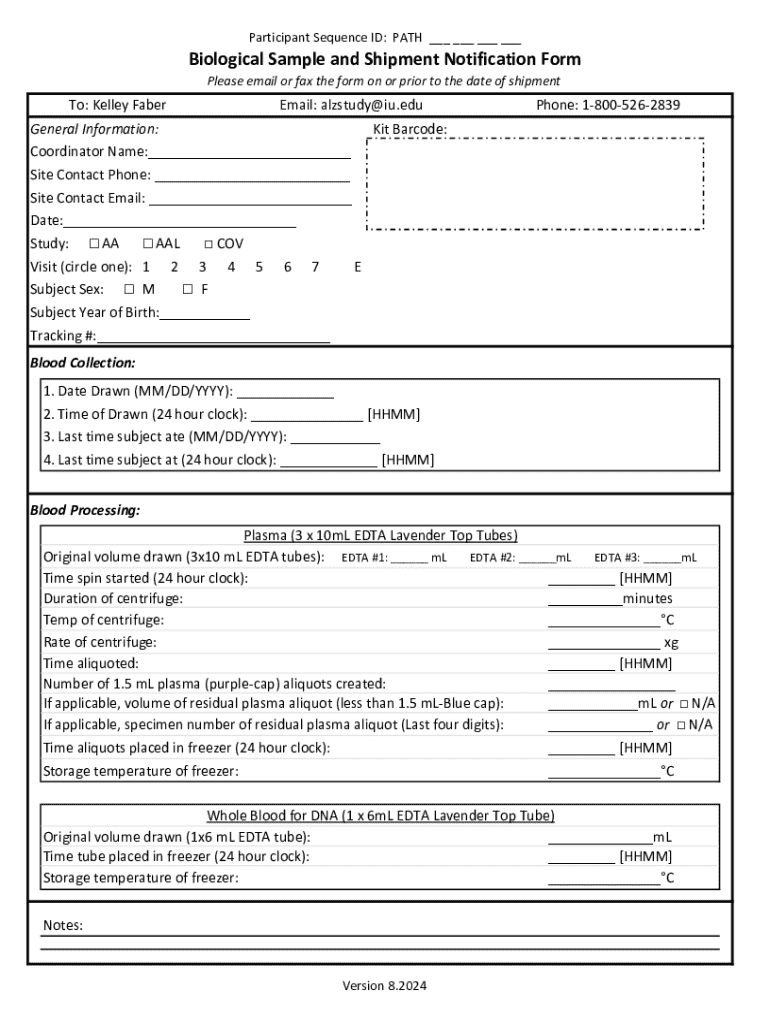 Fillable Online Biological Sample and Shipment Notification Form Fax ...