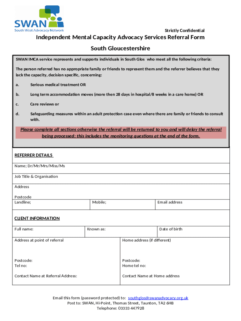 Independent Mental Capacity Advocacy Services Referral - swanadvocacy org Doc Template | pdfFiller