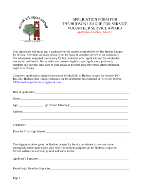 Application for the Hudson League for Service Volunteer Service Award ...