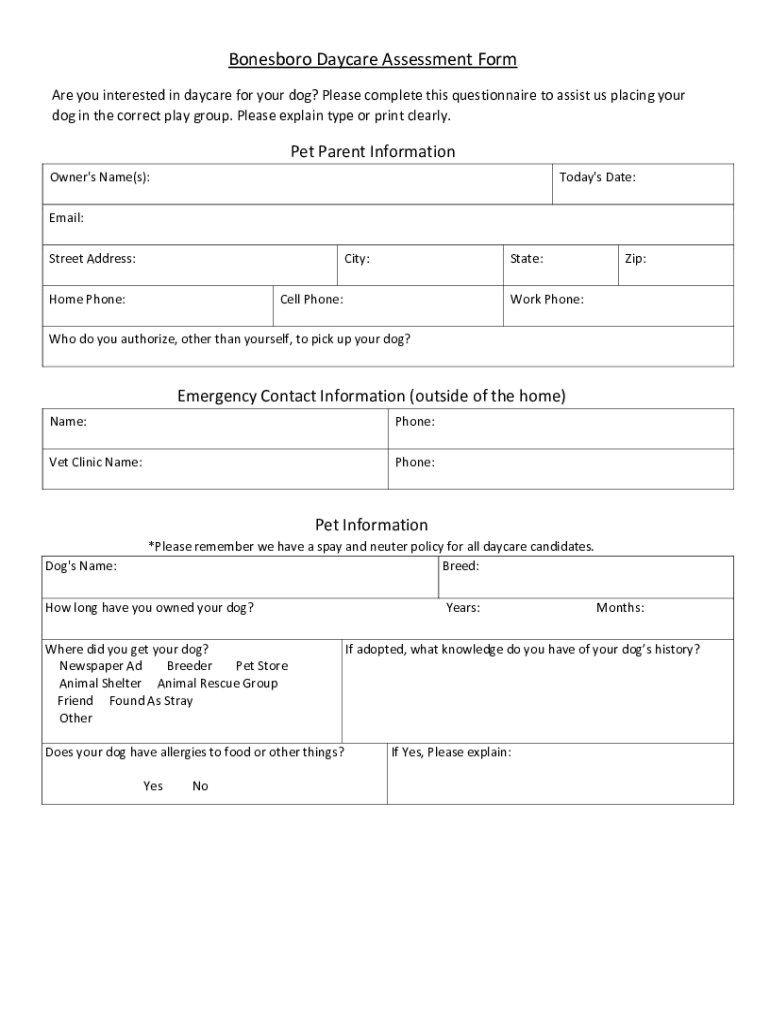 Fillable Online Bonesboro Daycare Assessment Form Fax Email Print ...