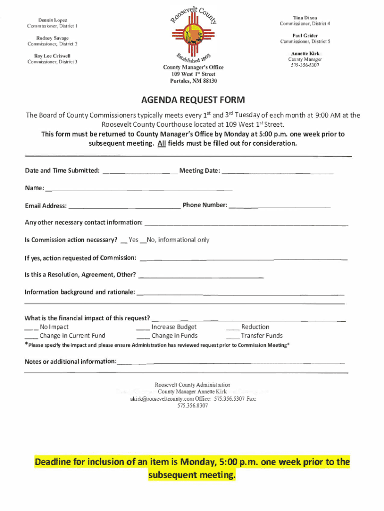 Fillable Online Roosevelt County Agenda Request Fax Email Print - pdfFiller