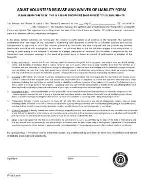 Fillable Online Adult Volunteer Release and Waiver of Liability Fax ...