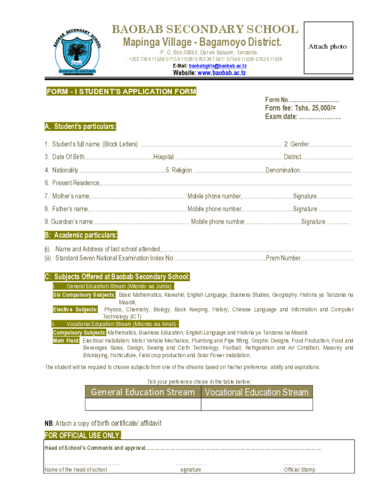 Fillable Online Baobab Secondary School Application Form Fax Email Print - pdfFiller