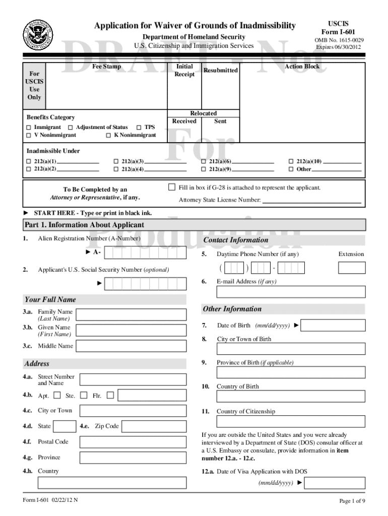 Fillable Online Application for Waiver of Grounds of Inadmissibility ...