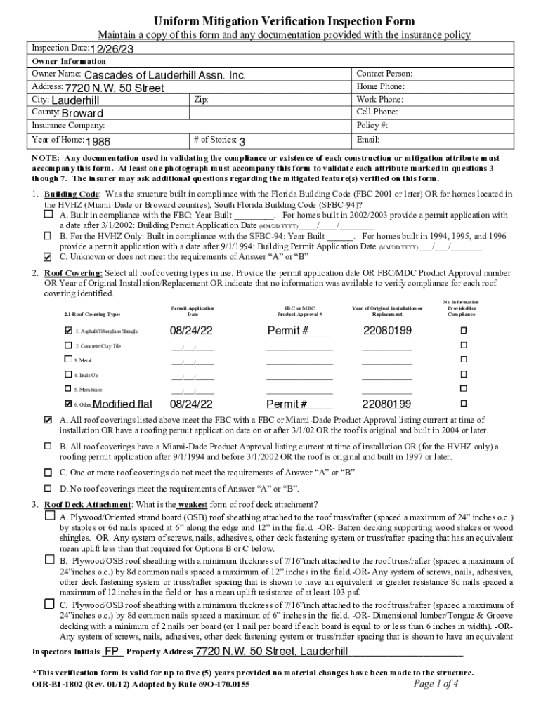 Fillable Online Uniform Mitigation Verification Inspection Form Fax ...
