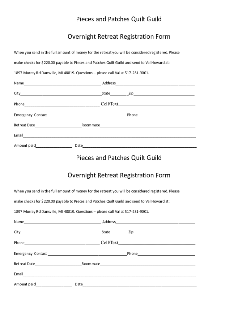 Fillable Online Pieces and Patches Quilt Guild Overnight Retreat ...