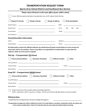 Fillable Online Sparta Area School District and Southwest Bus Service Transportation Request Fax ...