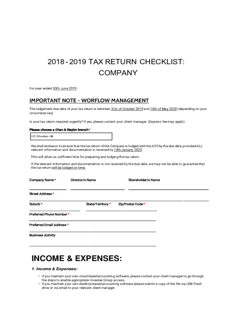 Fillable Online Tax Return Checklist for 2018-2019 Fax Email Print ...