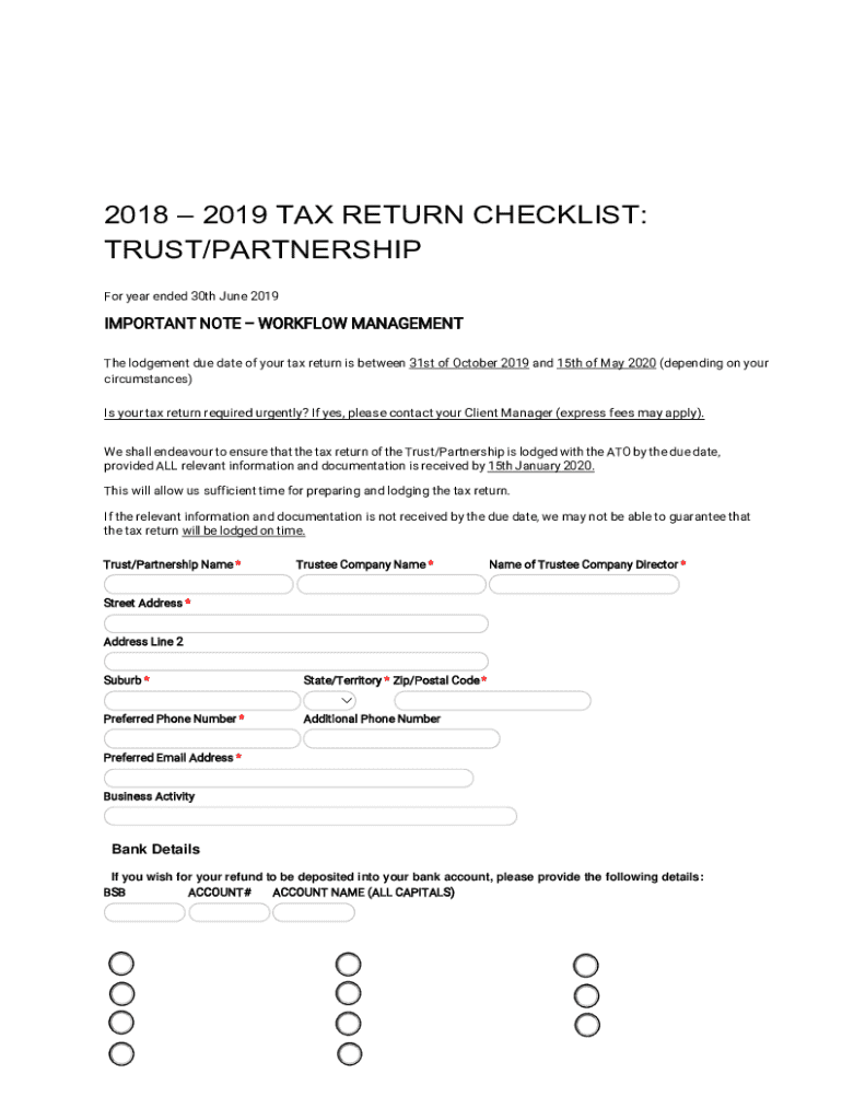Fillable Online 2018 – 2019 Tax Return Checklist for Trust/partnership ...