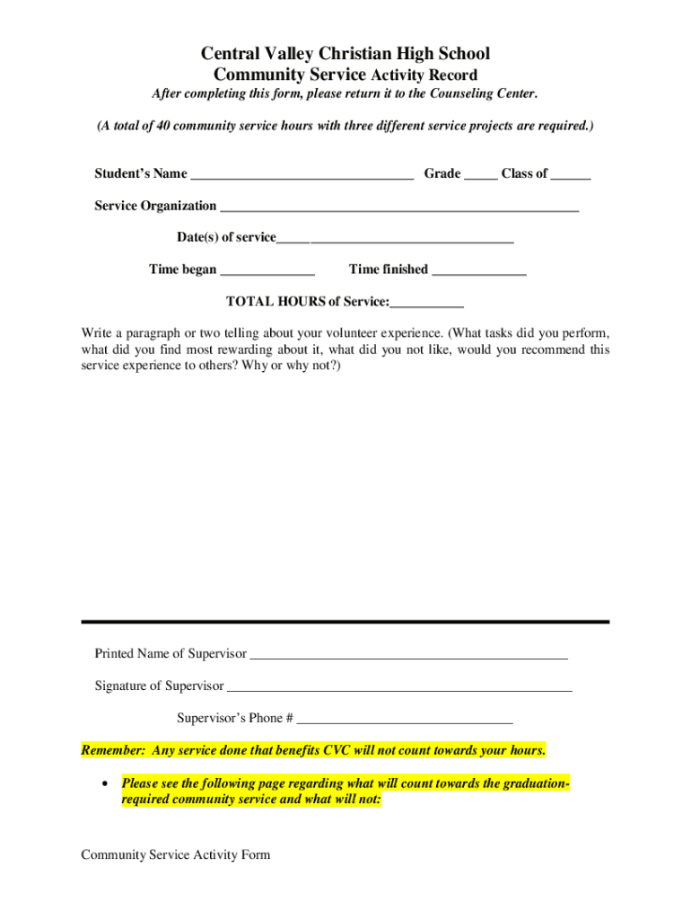 Fillable Online Central Valley Christian High School Community Service ...