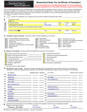 Fillable Online Streamlined Sales Tax Certificate of Exemption Fax ...