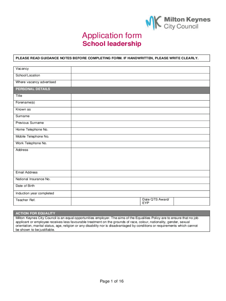 Fillable Online Application Form for School Leadership Position Fax ...