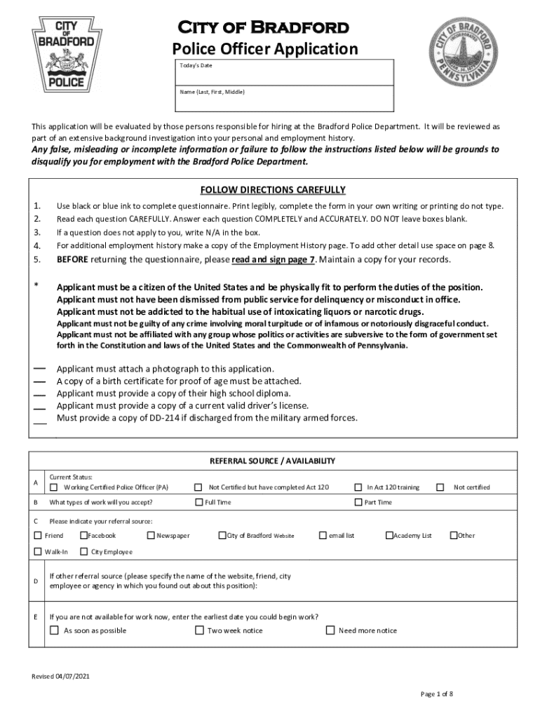 Fillable Online City of Bradford Police Officer Application Fax Email ...