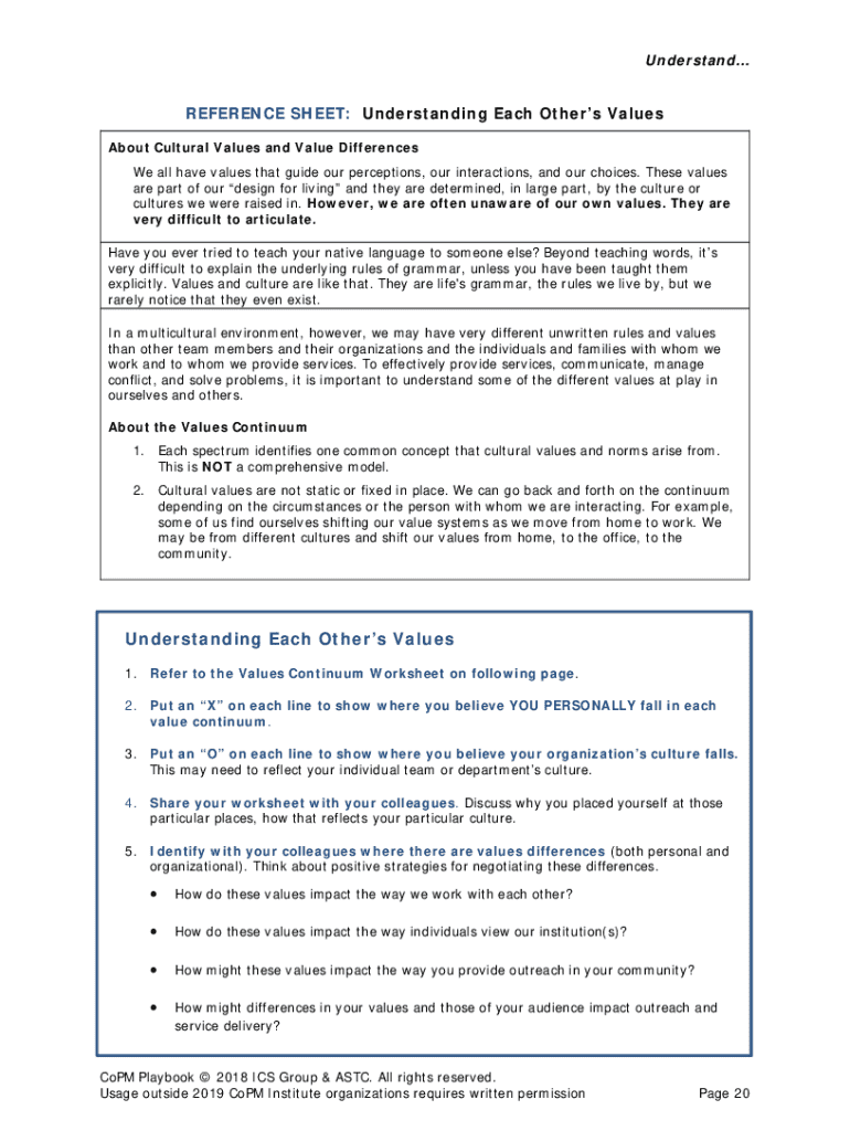 Fillable Online REFERENCE SHEET: Understanding Each Others Values Fax ...