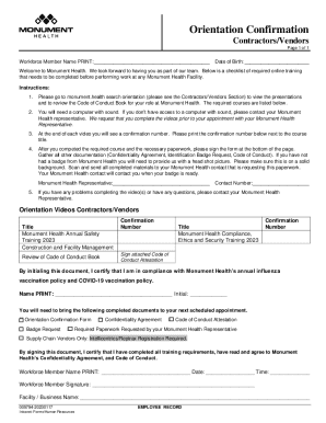 Fillable Online Orientation Confirmation for Contractors/vendors Fax ...