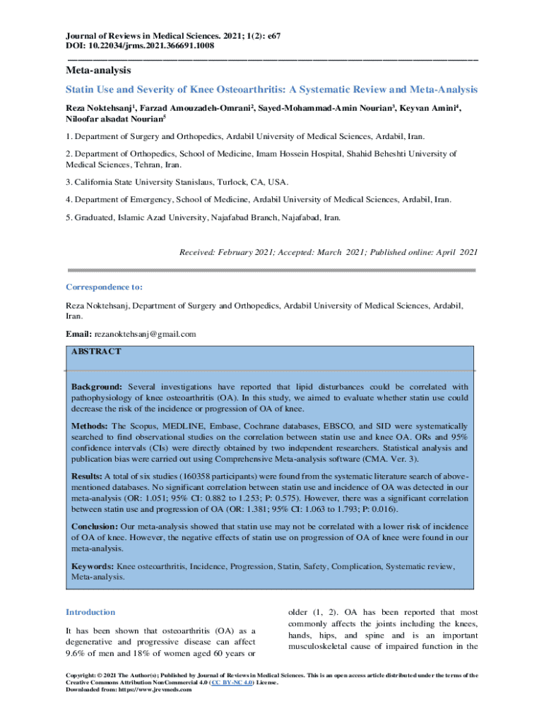 Fillable Online Statin Use and Severity of Knee Osteoarthritis: A ...