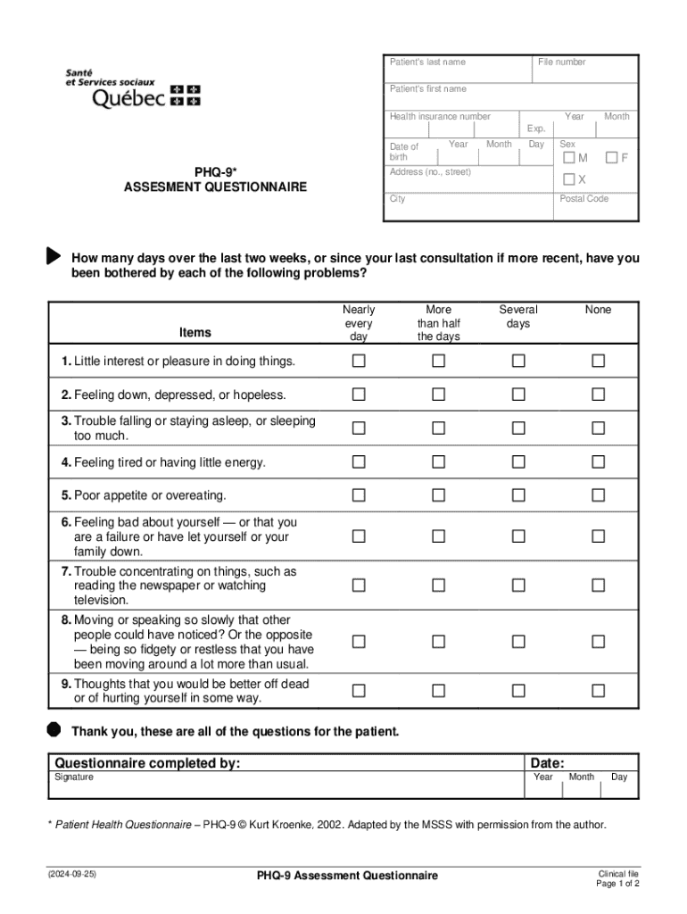 Fillable Online Phq-9 Assessment Questionnaire Fax Email Print - pdfFiller