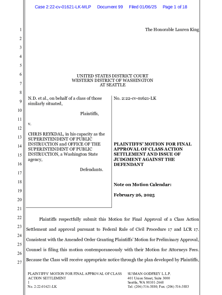 Fillable Online Plaintiffs’ Motion for Final Approval of Class Action Settlement and Issue of ...
