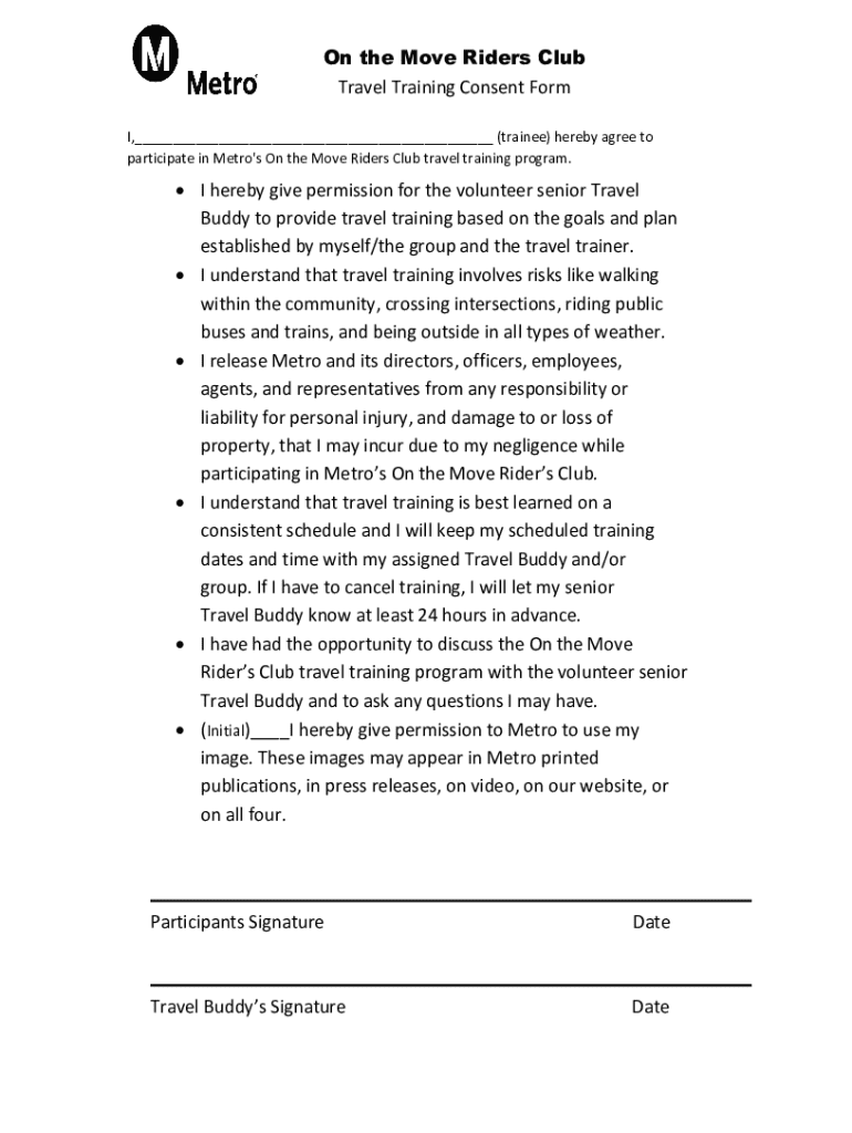 Fillable Online on the Move Riders Club Travel Training Consent Form Fax Email Print - pdfFiller