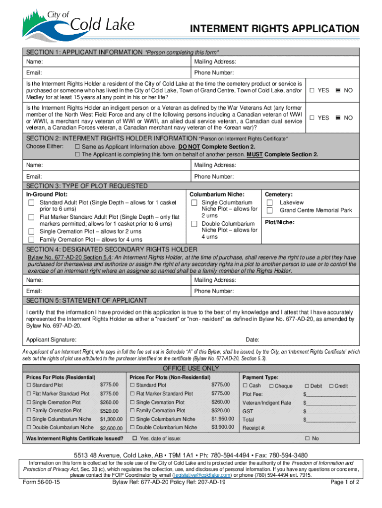 Fillable Online Interment Rights Application Fax Email Print - pdfFiller