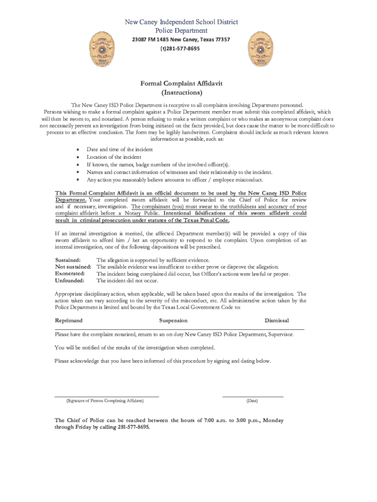 Fillable Online Formal Complaint Affidavit - New Caney Isd Police ...