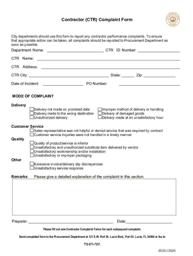 Fillable Online Contractor (ctr) Complaint Form Fax Email Print - pdfFiller