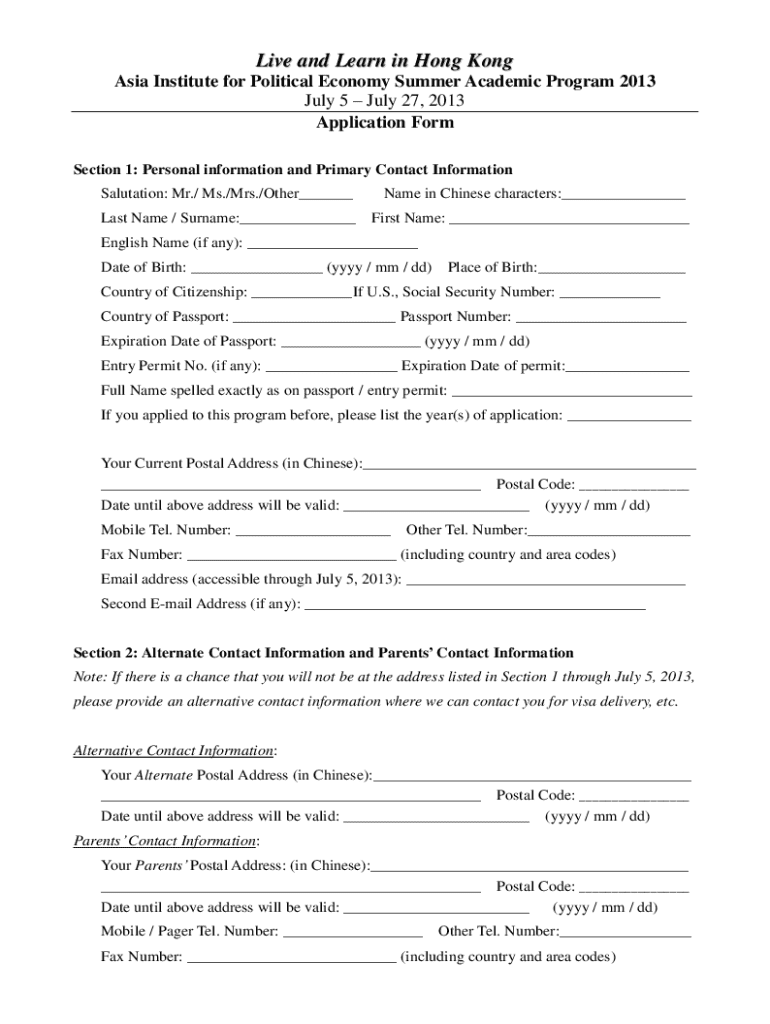 Fillable Online Live and Learn in Hong Kong - Asia Institute for Political Economy Summer ...