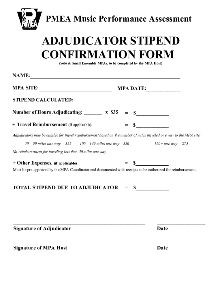 Fillable Online Pmea Music Performance Assessment Adjudicator Stipend ...