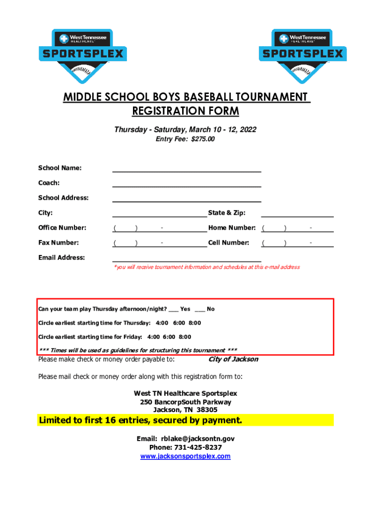 Fillable Online Middle School Boys Baseball Tournament Registration Fax Email Print - pdfFiller