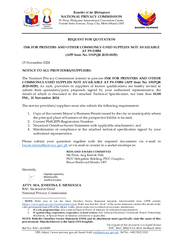 Fillable Online Request for Quotation for Ink for Printers and Common Supplies Fax Email Print ...