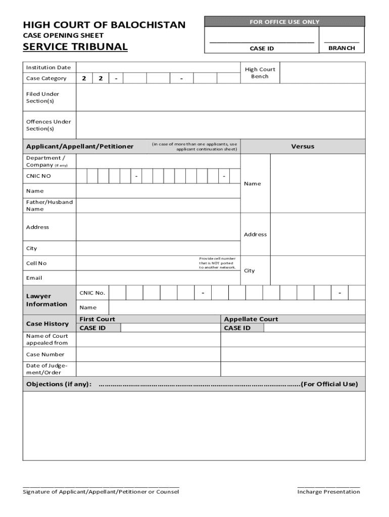 Fillable Online High Court of Balochistan - Case Opening Sheet Fax ...