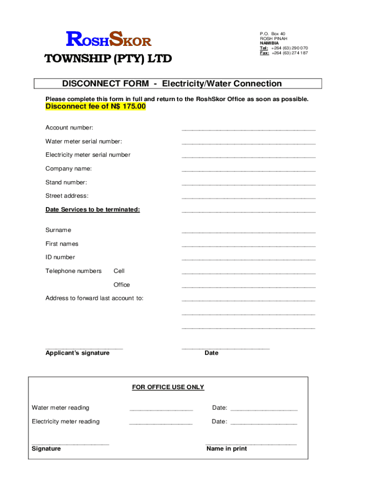 Fillable Online Disconnect Form - Electricity/water Connection Fax ...
