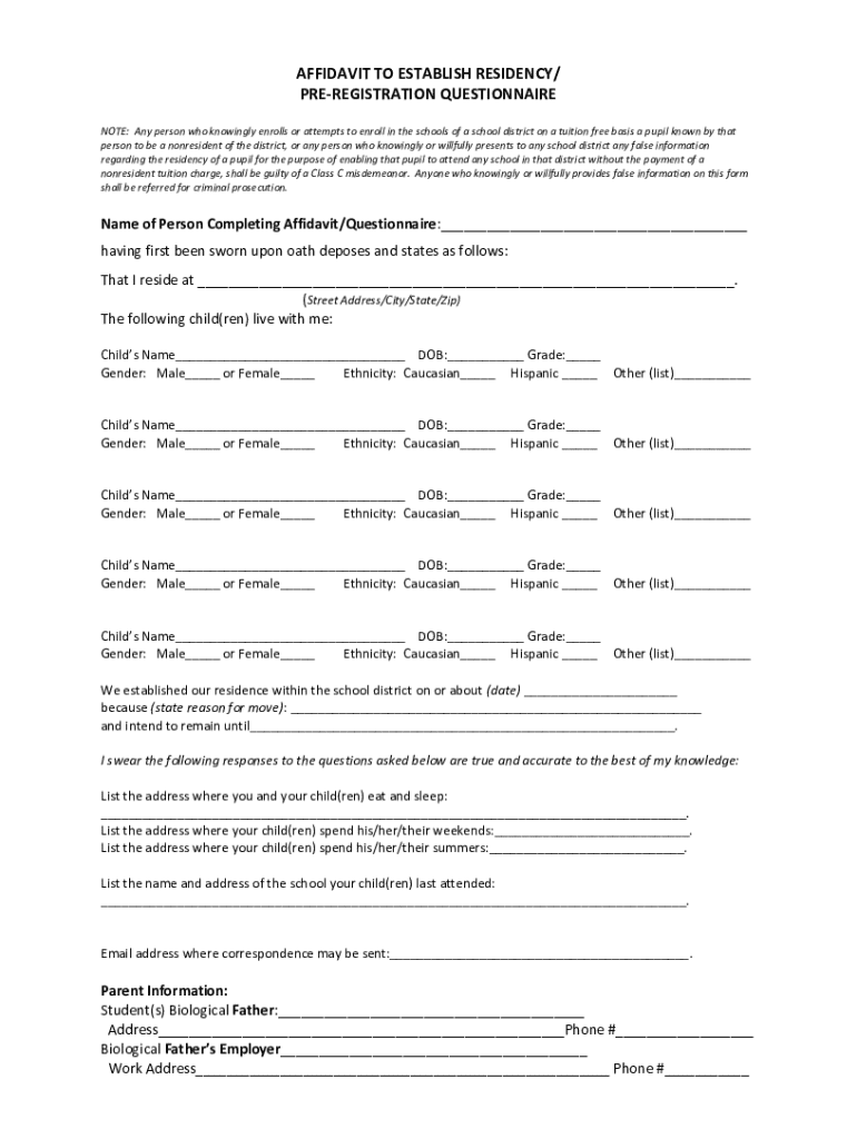 Fillable Online Affidavit to Establish Residency Fax Email Print ...