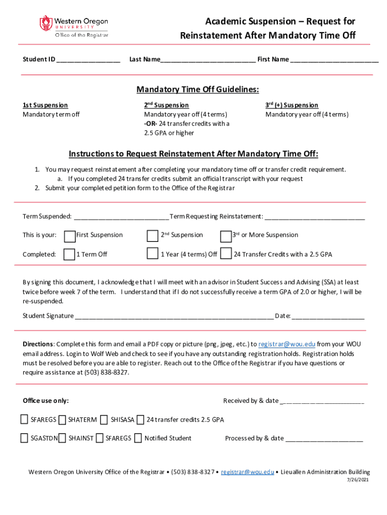 Fillable Online Academic Suspension Reinstatement Request Fax Email Print - pdfFiller