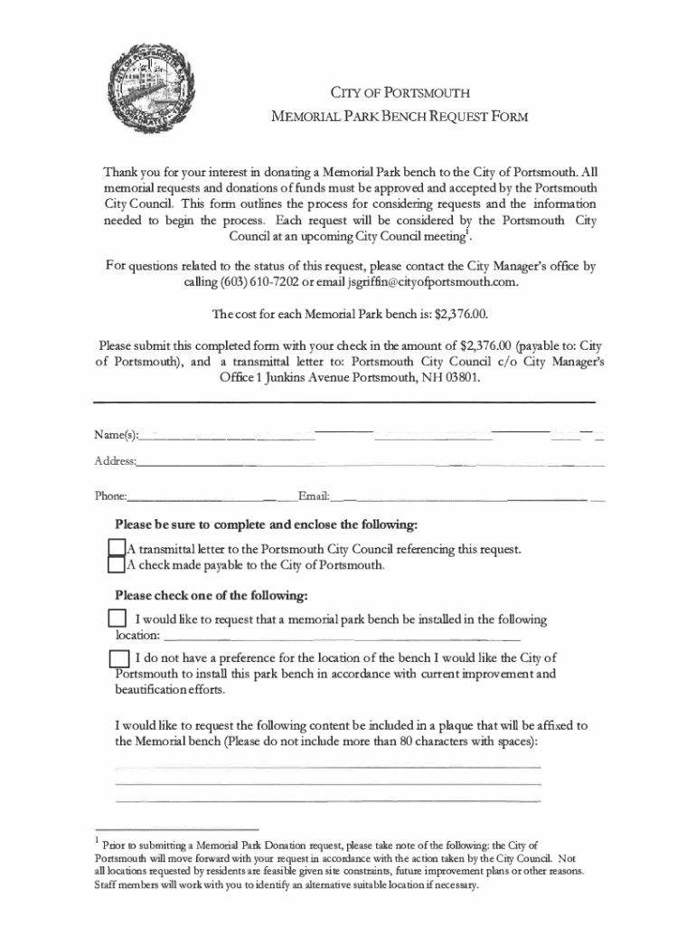 Fillable Online Memorial Park Bench Donation Request Fax Email Print ...